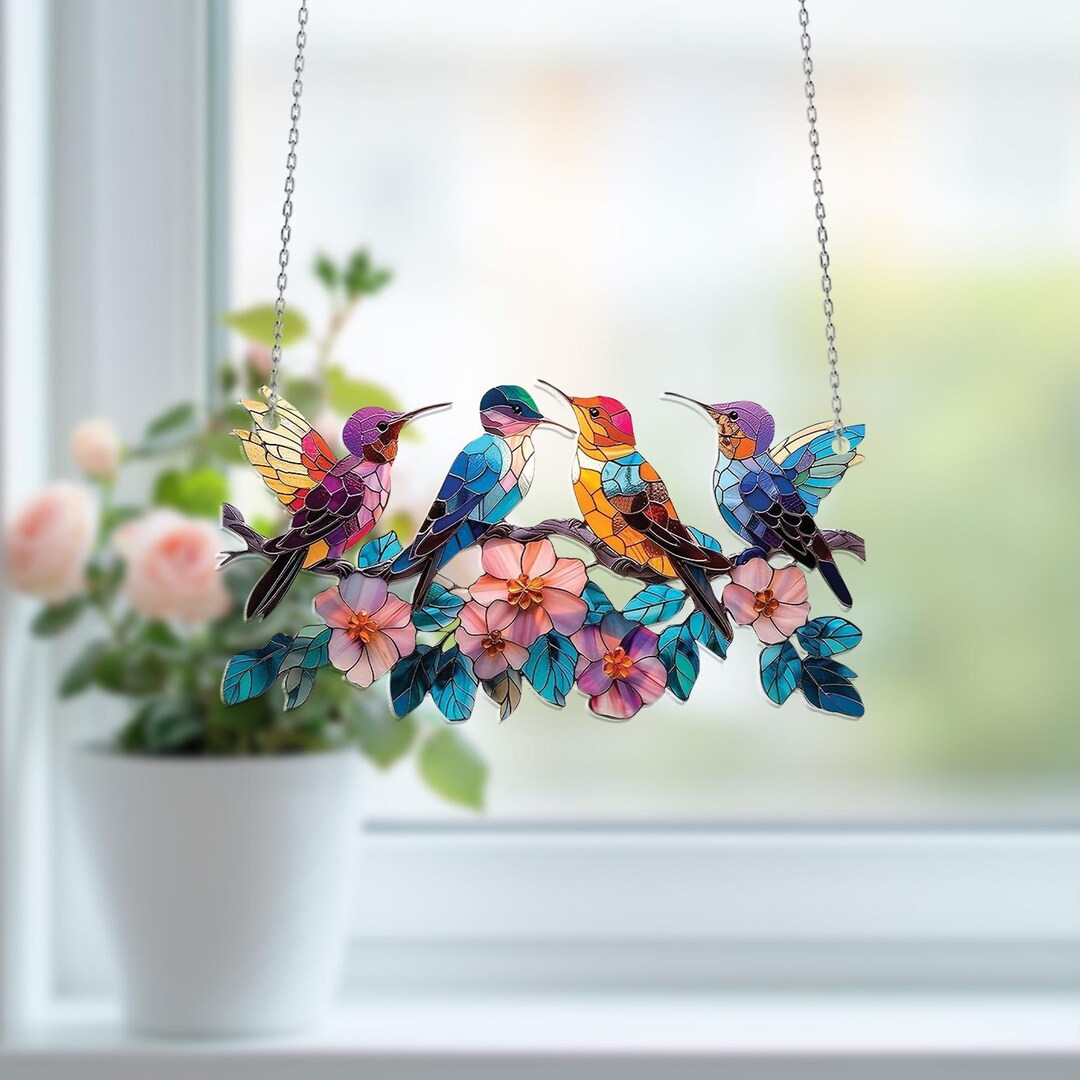 Hummingbirds Window Hanging, Colorful Bird Decor, Gift for Garden ...