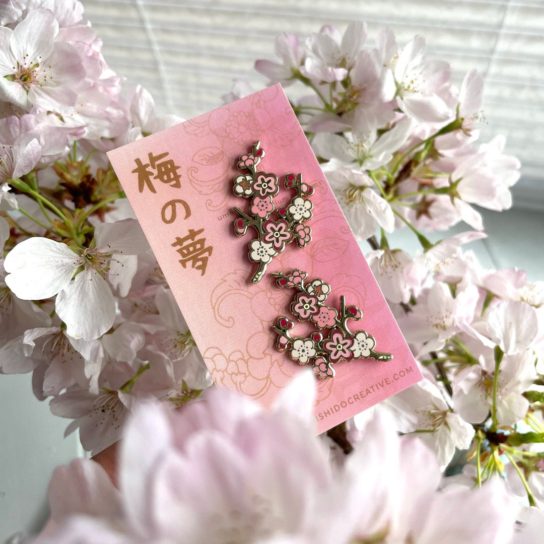 Japanese Plum Blossom Pink Enamel Pin Set • Elegant Stylish Collar Ume ...