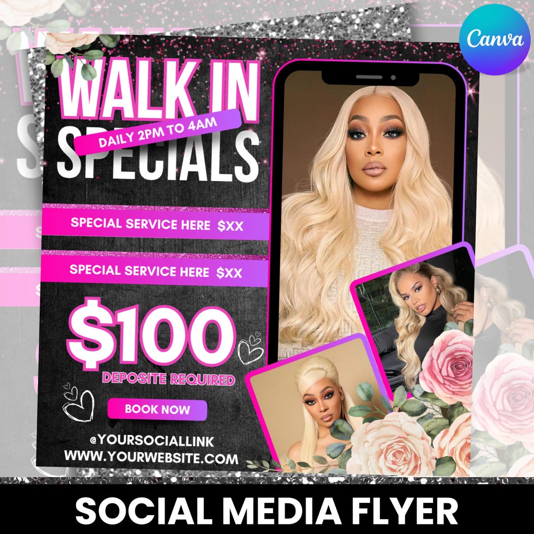 Walk-in Appointment Flyer, Lashes, Nails & Hair Salon Canva Template ...