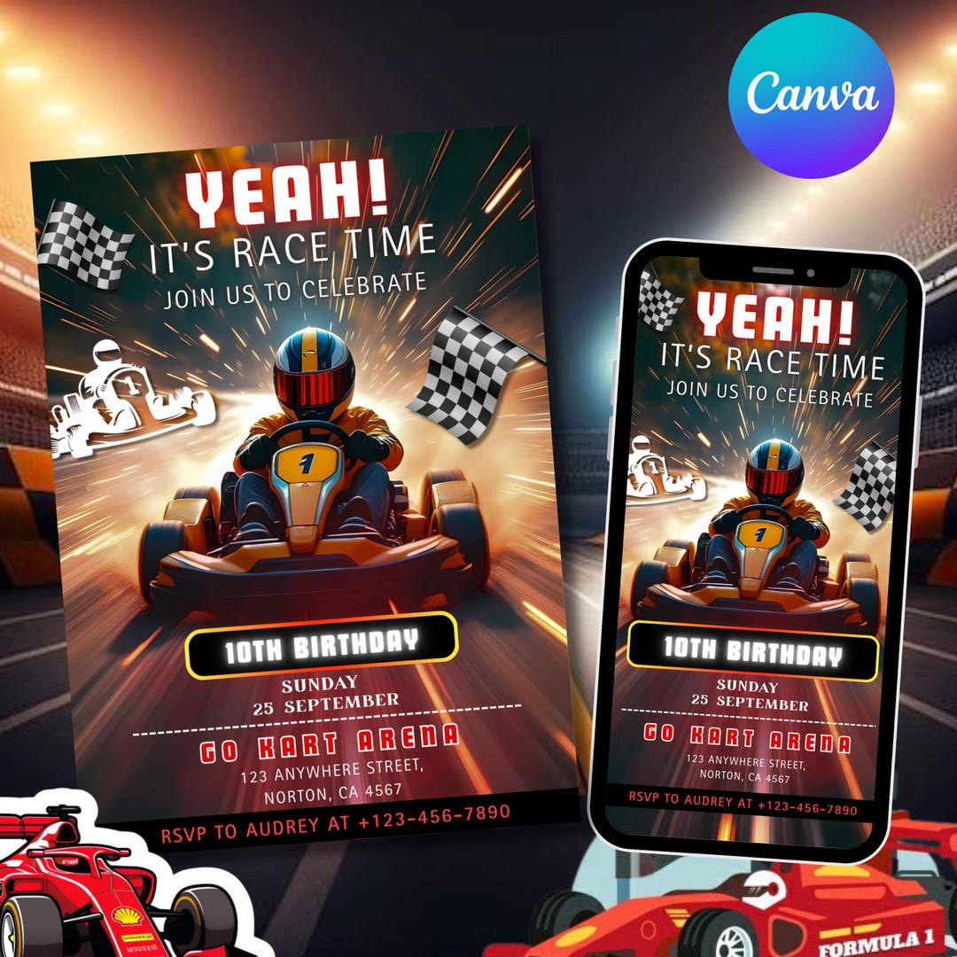 Go Kart Birthday Invitation, Kart Racing Party Invite, Go Kart Birthday ...