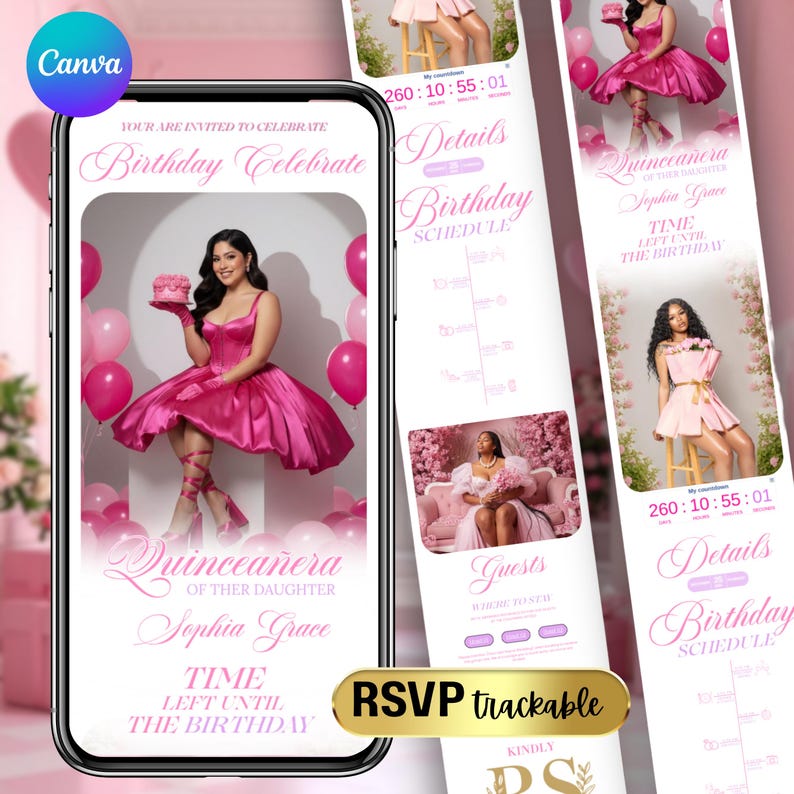 Quinceañera Blush Floral Digital Invitation, Sweet 15 RSVP Website ...