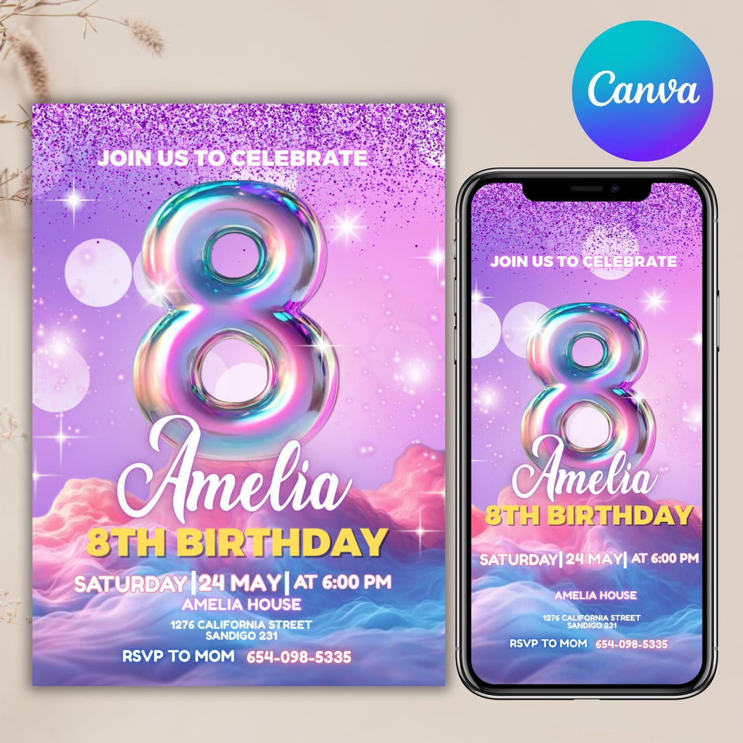 Pink 8th Birthday Invitation, Birthday Invite, Glitter Birthday Party ...