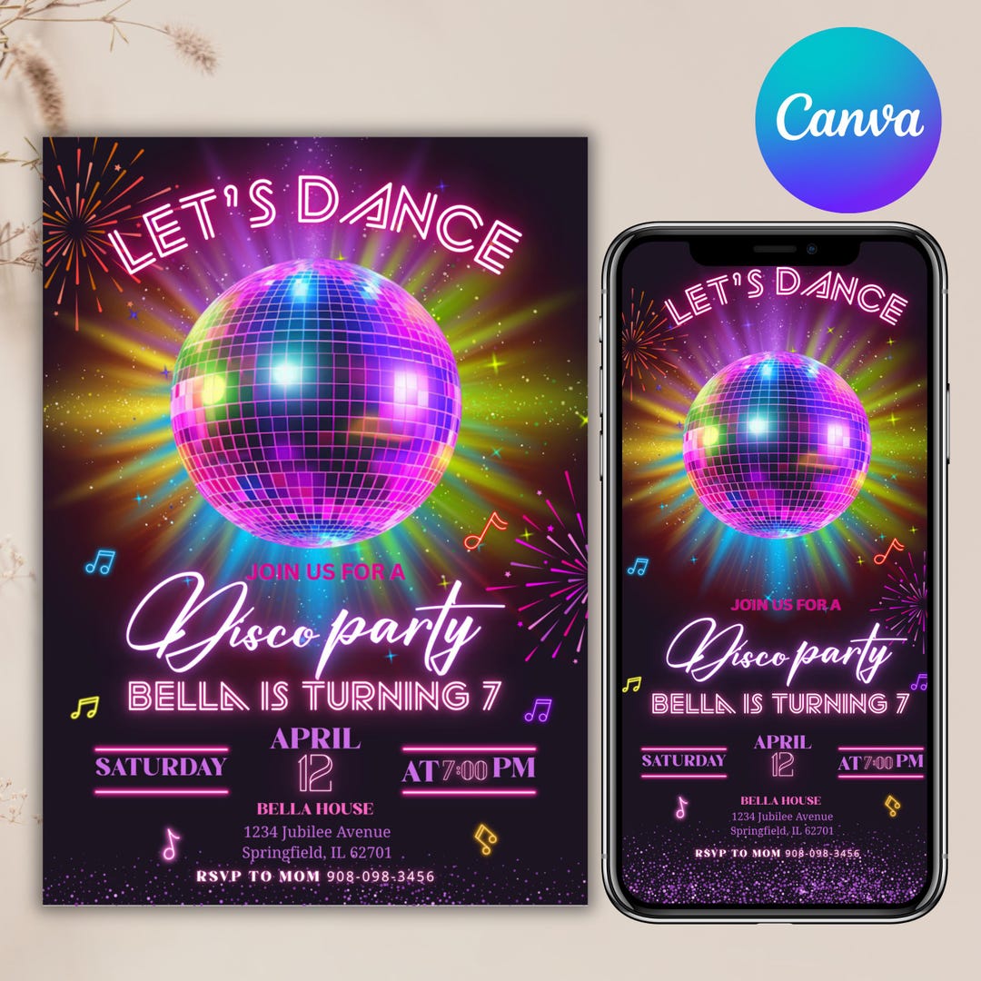 Editable Disco Party Invitation, Neon Printable Dance Party Girl, Party ...