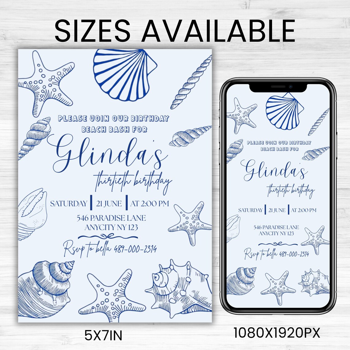 Blue Shell Outline Beach Digital Birthday Invitation Template, Beach ...