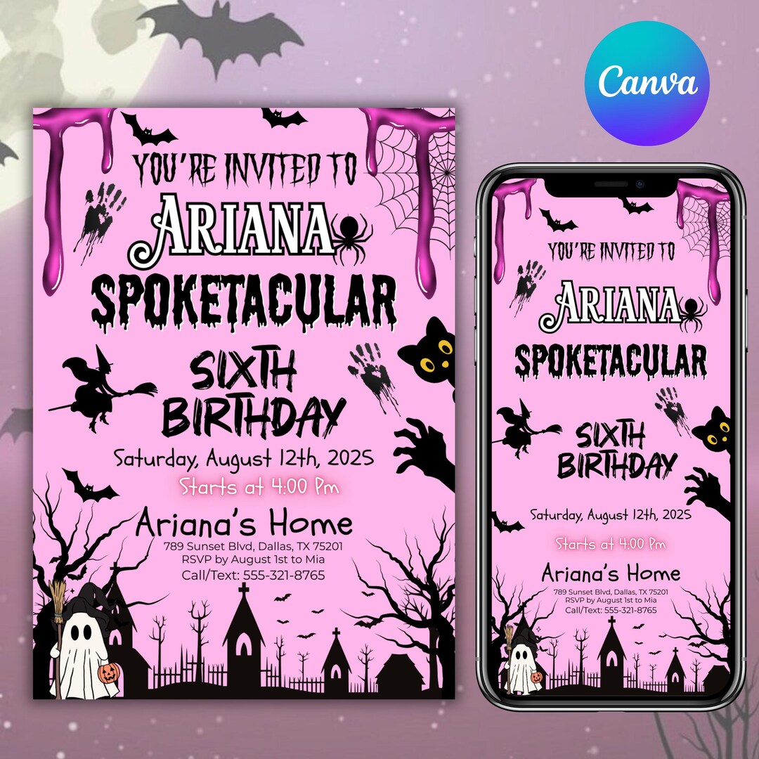Pink Halloween Birthday Invitation, Editable Spooky Party Invite, Ghost ...