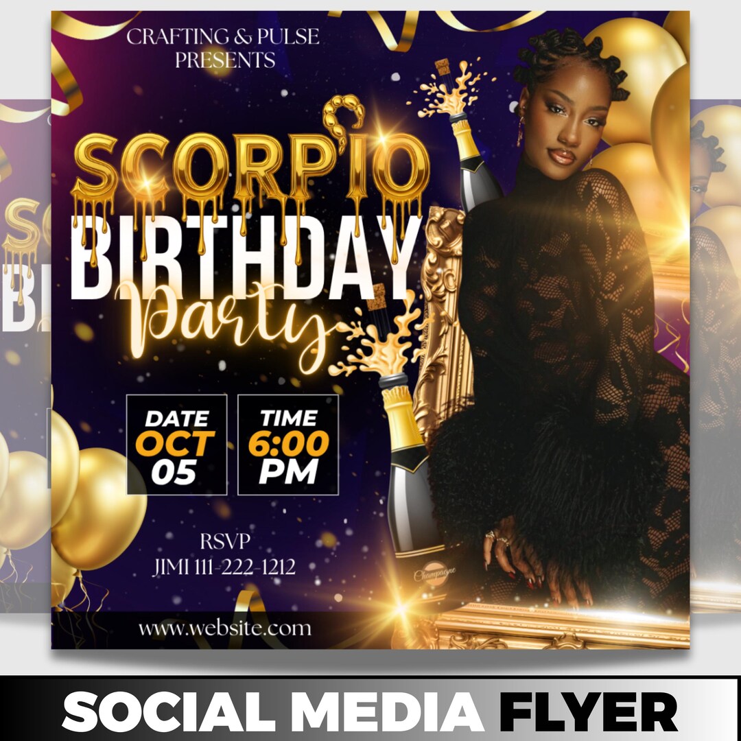 Editable Scorpio Birthday Flyer, Black Birthday Party Flyer, Birthday ...