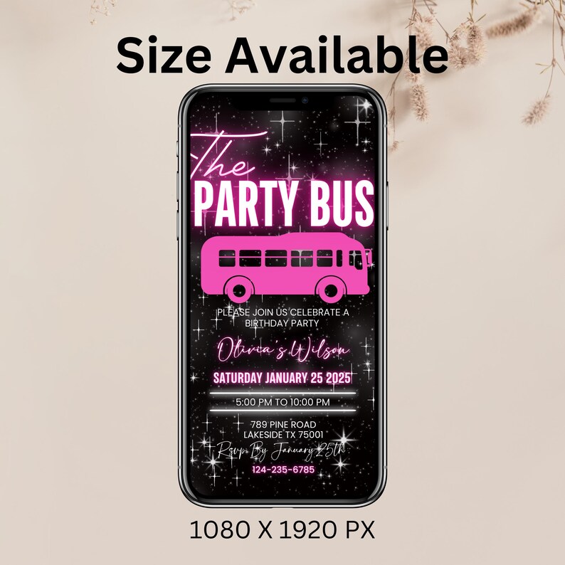 Party Bus Birthday Invitation, Animated Limo Party Invite, Neon Pink ...