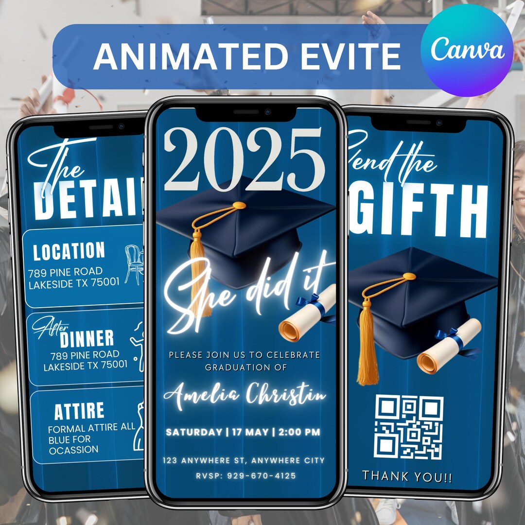 Graduation Invitation Animated Blu, She Did It Invitation, Digital ...