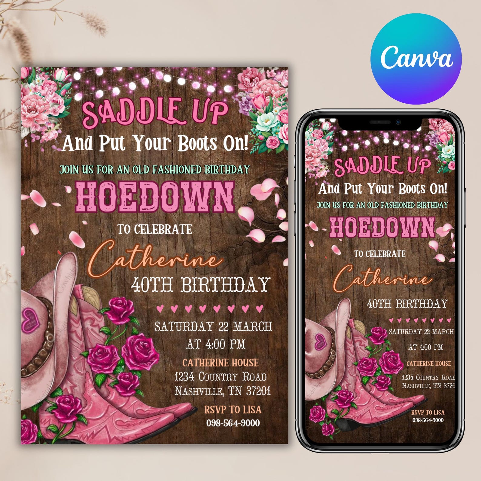 40th Pink Hoedown Birthday Invitation, Western Cowgirl Party Digital ...