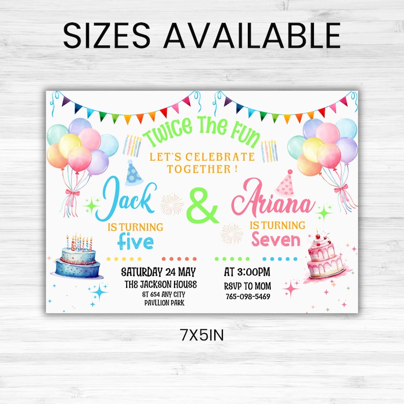 Editable Sibling Birthday Invitation, Double Birthday Invite, Dual ...