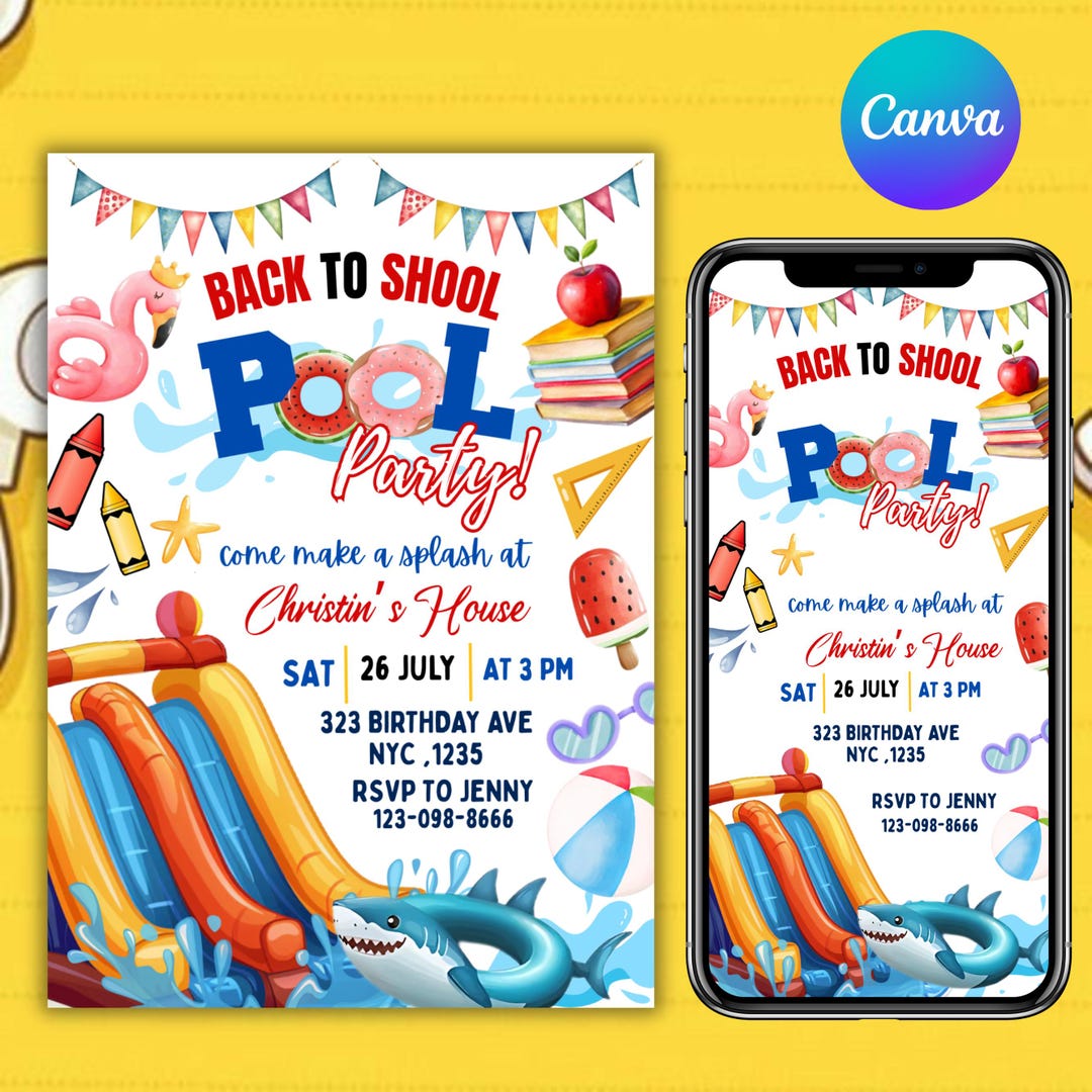 Back to School Pool Party Invitation, Beach Party Invitation, Back to ...