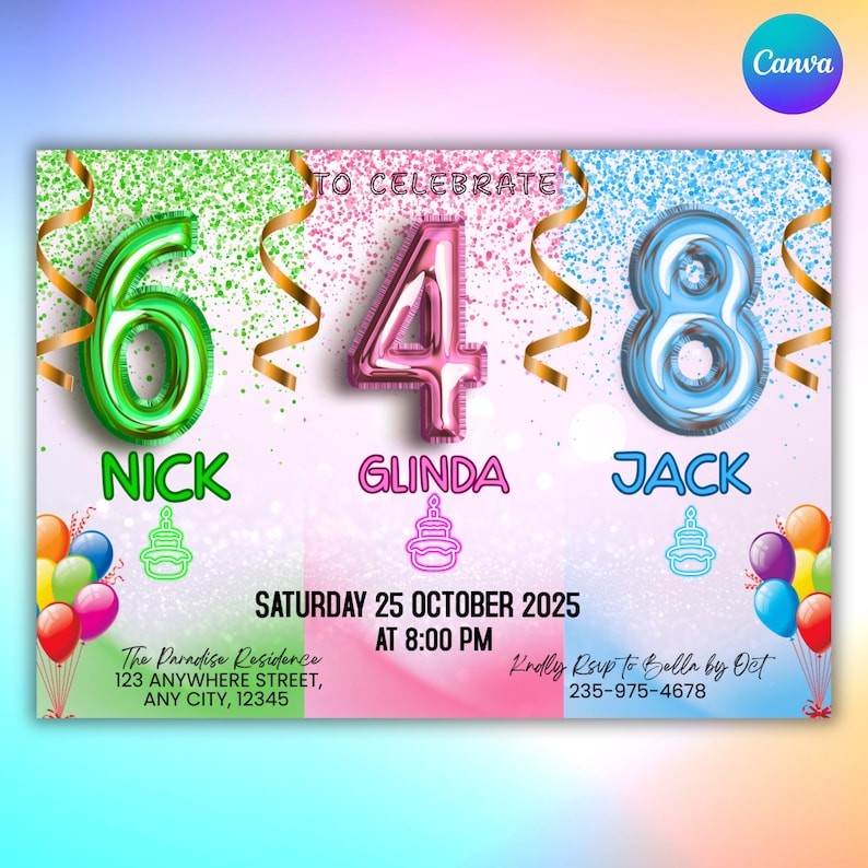 Triple Birthday Invitation, Sibling Birthday Party Invite, Joint ...