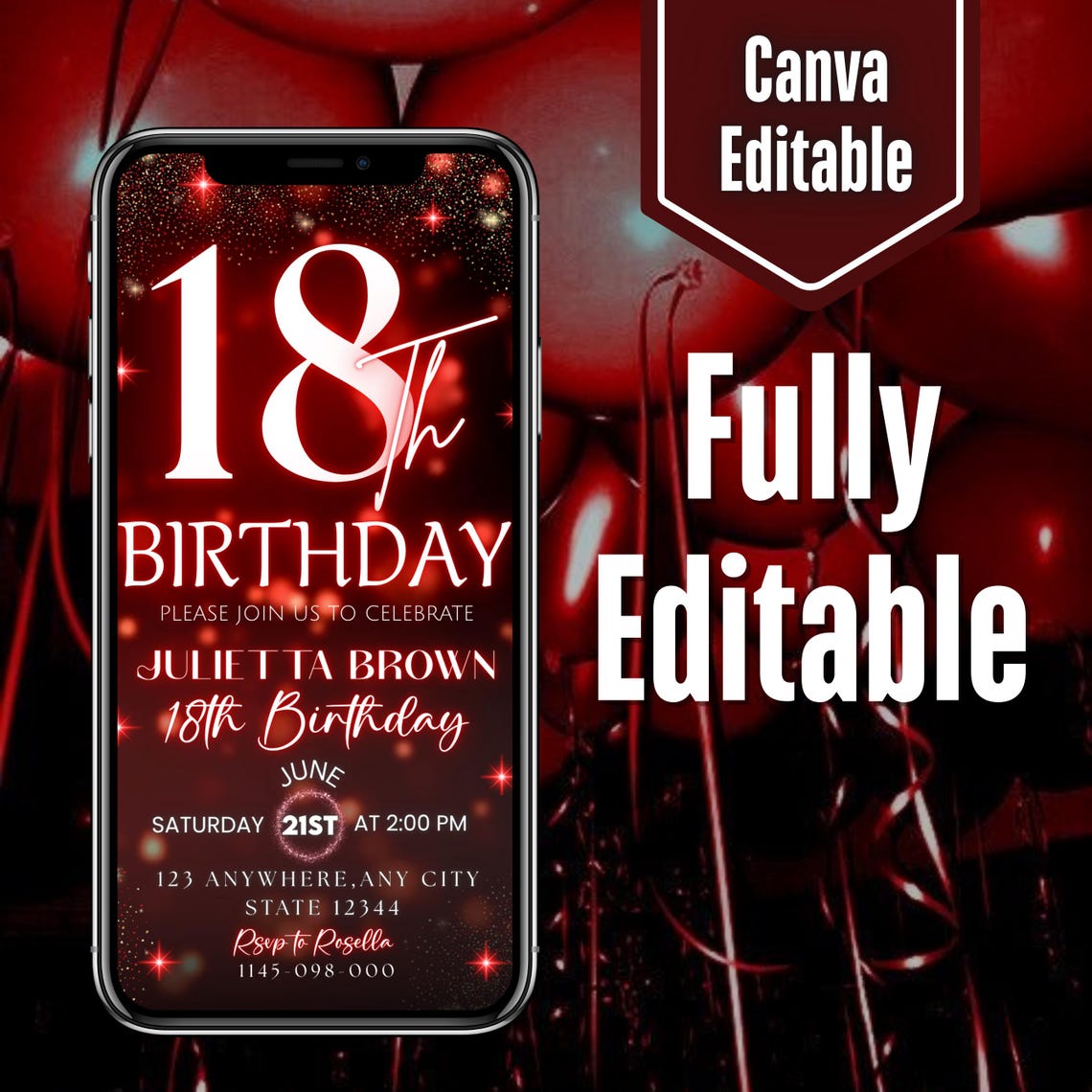 18th Birthday Invitation, Electronic 18th Party Invite, Red Neon Evite ...