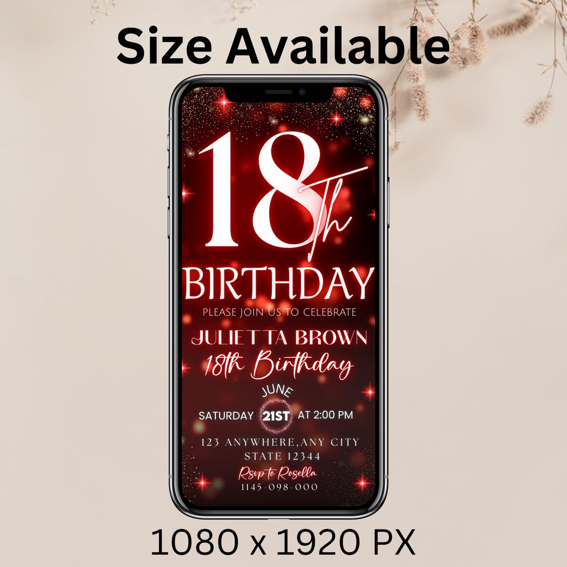 18th Birthday Invitation, Electronic 18th Party Invite, Red Neon Evite ...