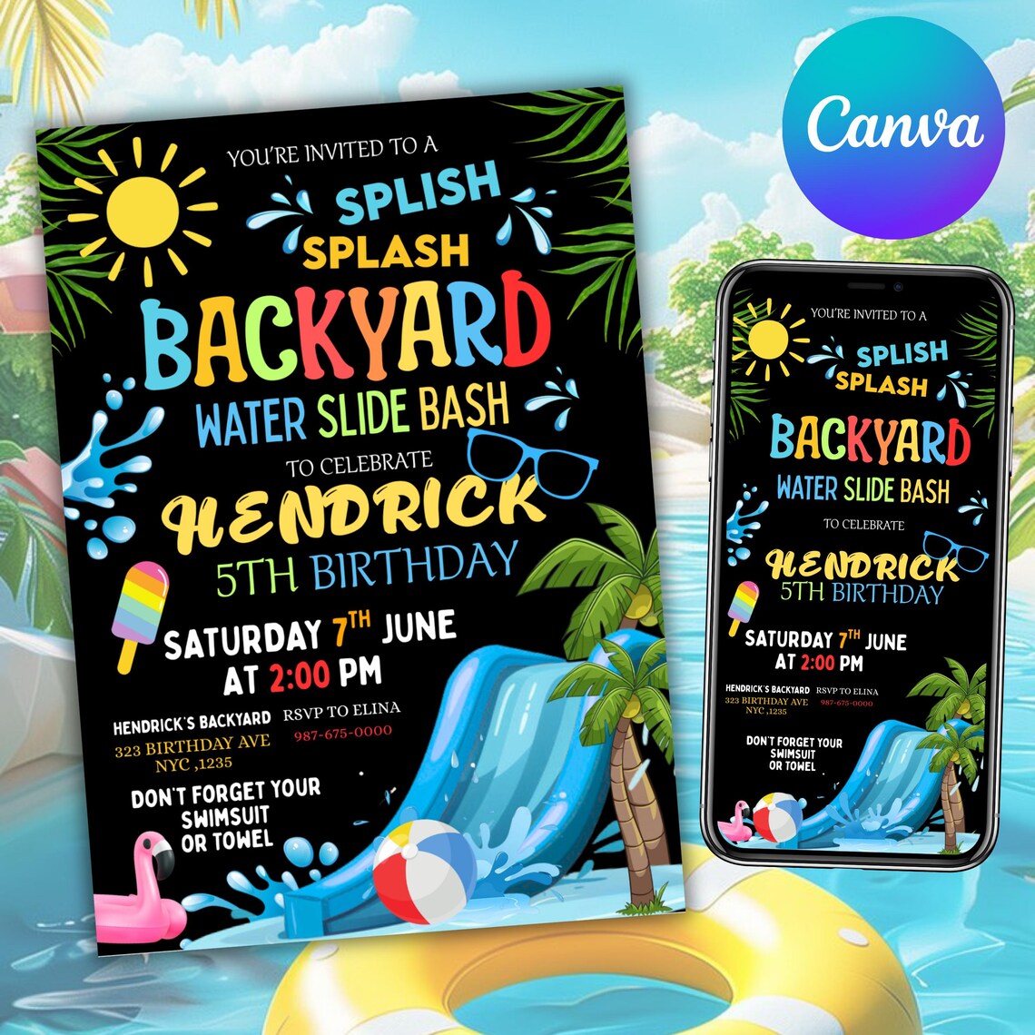 Waterslide Birthday Invitation, Water Slide Invitation, Boy Girl Splash ...