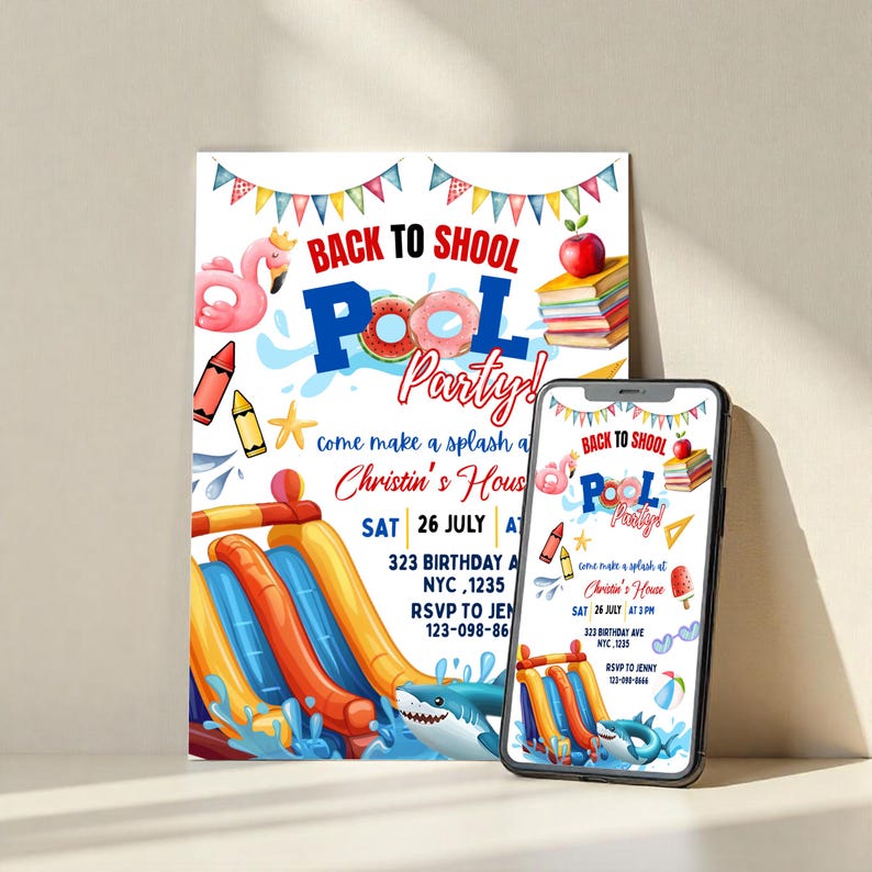 Back to School Pool Party Invitation, Beach Party Invitation, Back to ...