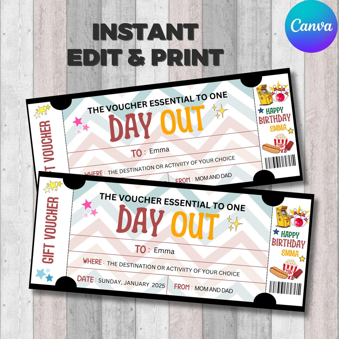 Birthday Day Out Voucher Template For Kids Printable Day Out Ticket Birthday Day Out Voucher Template For Kids Printable Day Out Ticket