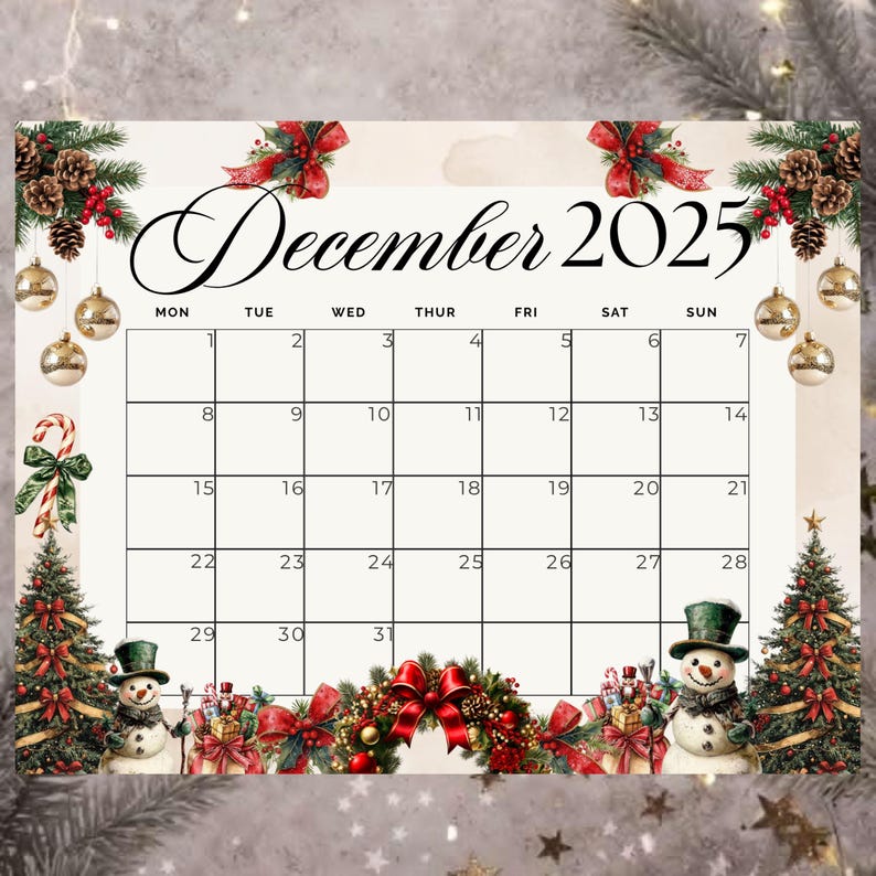 Editable December 2025 Christmas Calendar, Snowman & Christmas Tree ...