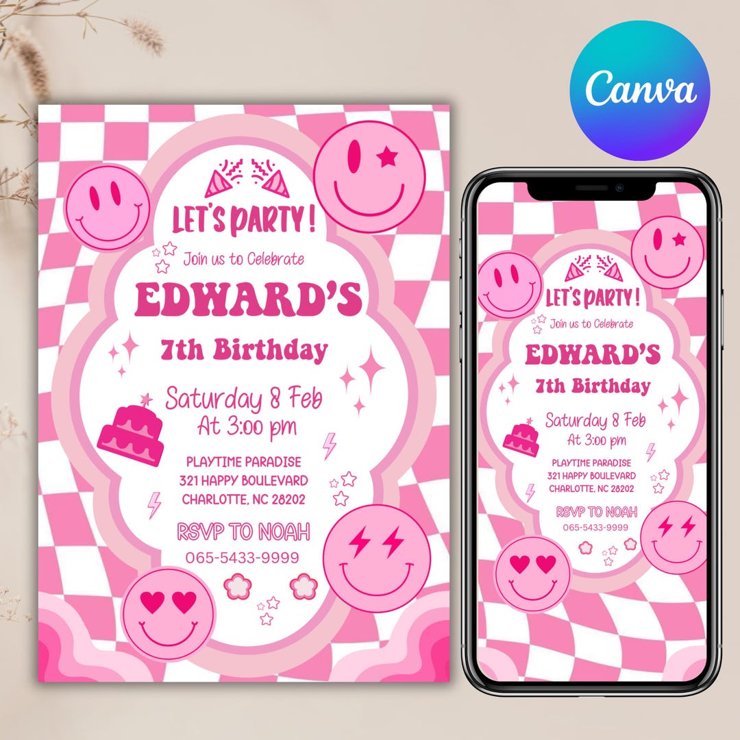 Retro Smiley Birthday Invitation, Editable Preppy Pink Party Invite ...