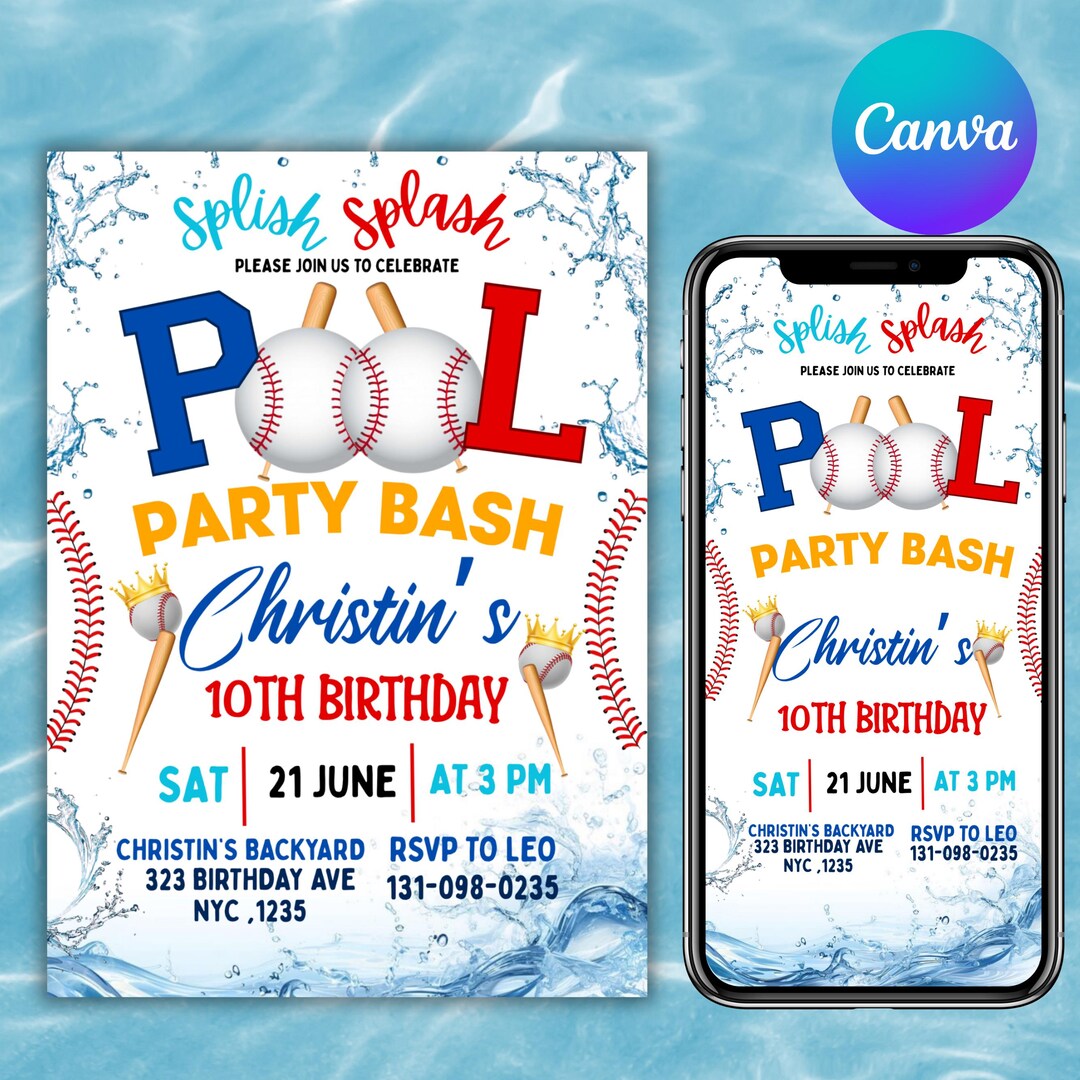 Baseball Pool Birthday Party Invitation, Summer Pool Party, Sport ...