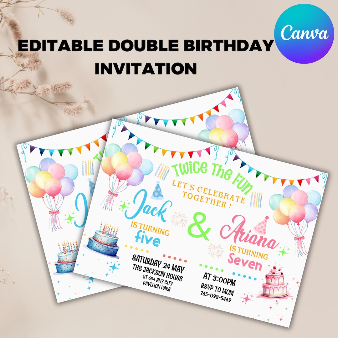 Editable Sibling Birthday Invitation, Double Birthday Invite, Dual ...