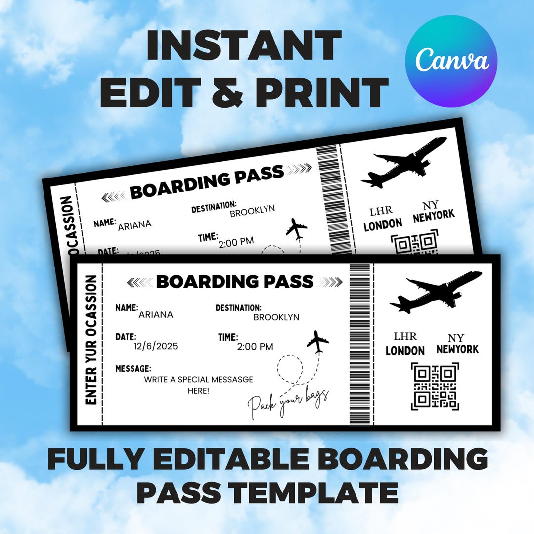 Editable Boarding Pass Template, Boarding Pass, Airline Ticket, DIY ...