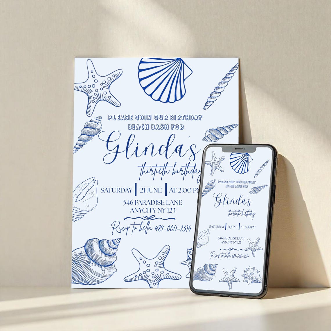 Blue Shell Outline Beach Digital Birthday Invitation Template, Beach ...