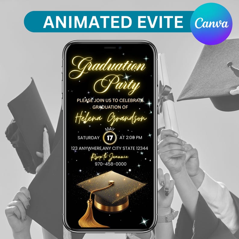 Digital Graduation Party Invitation, Animated Gold College Announcement ...