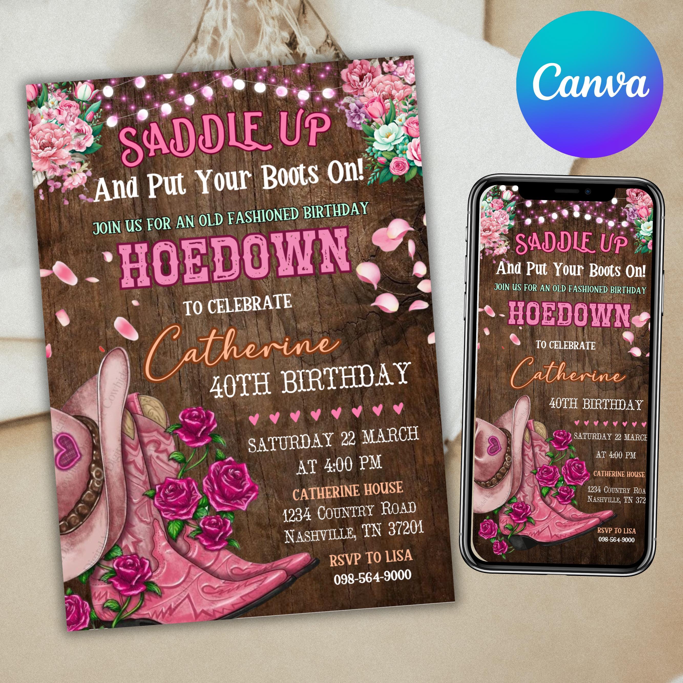 40th Pink Hoedown Birthday Invitation, Western Cowgirl Party Digital ...