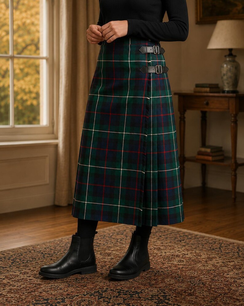 Green Tartan Kilt – Pleated Midi Wrap Skirt, Celtic Highland Fashion - Etsy
