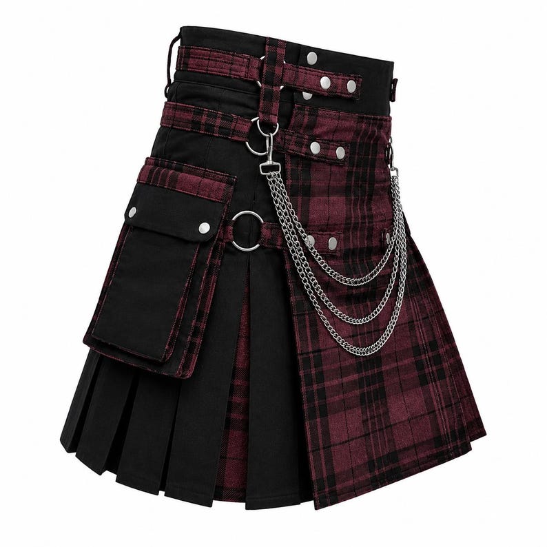 Burgundy Tartan Utility Kilt | Gothic Scottish Hybrid Kilt With Chains ...