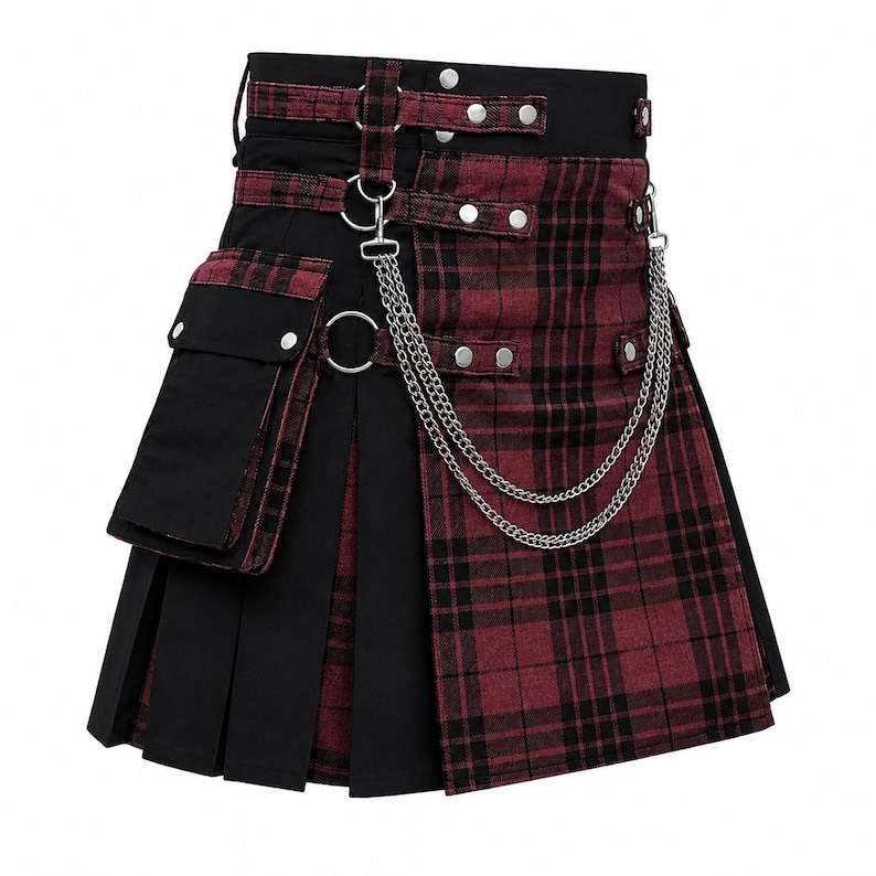 Burgundy Tartan Utility Kilt | Gothic Scottish Hybrid Kilt With Chains ...