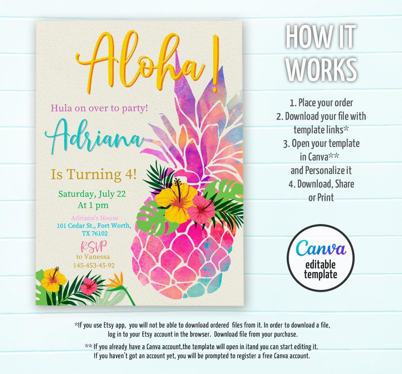 Aloha Party Invitation, Luau Birthday, Printable Editable Girl Invite ...