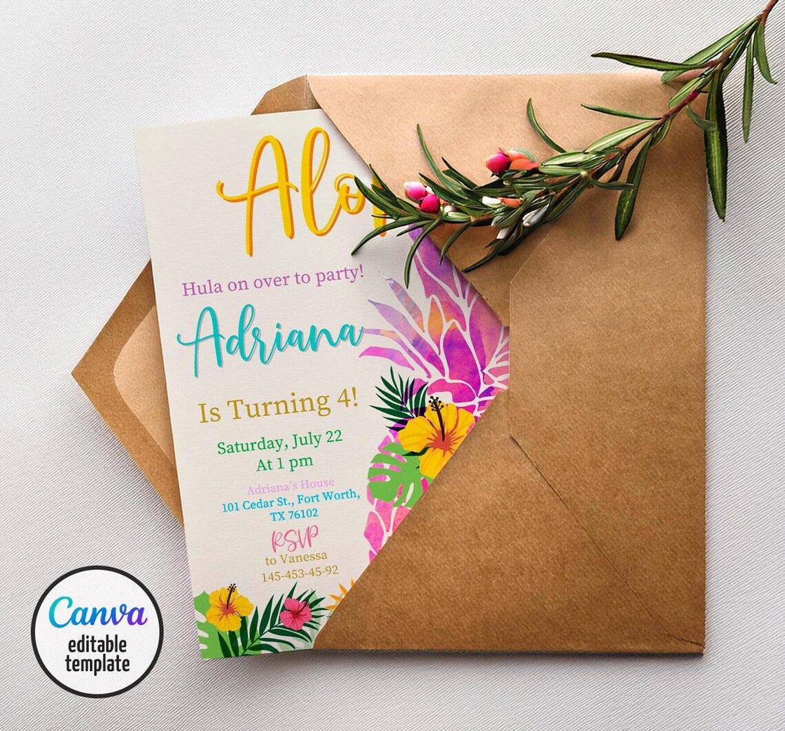 Aloha Party Invitation, Luau Birthday, Printable Editable Girl Invite ...