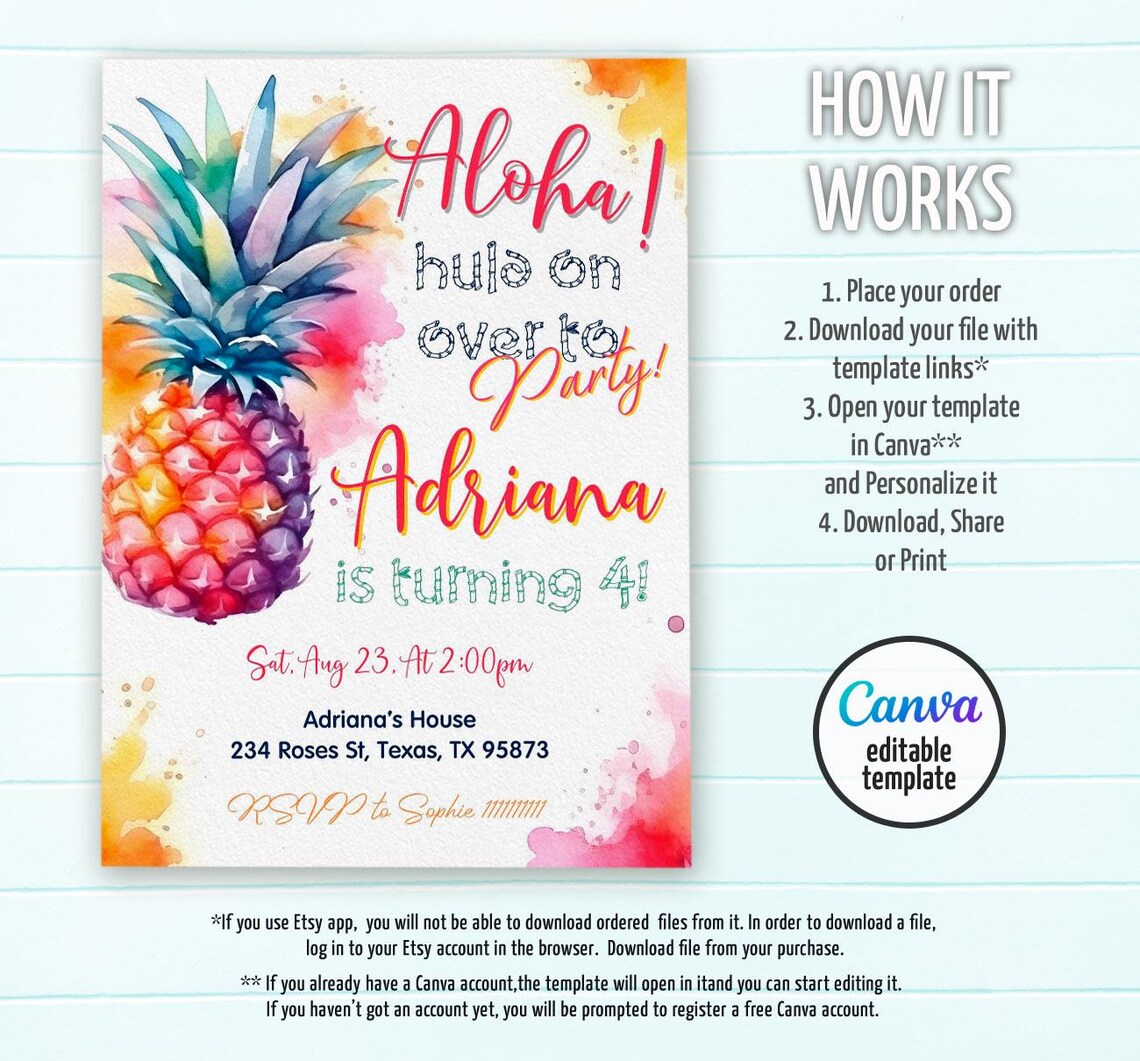 Aloha Party Invitation, Luau Birthday, Printable Editable Girl Invite ...