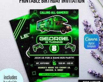 Printable Invitation, Video Game Bus Invite, Gaming Birthday Invitation ...
