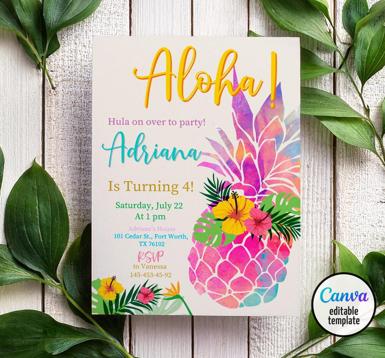 Aloha Party Invitation, Luau Birthday, Printable Editable Girl Invite ...
