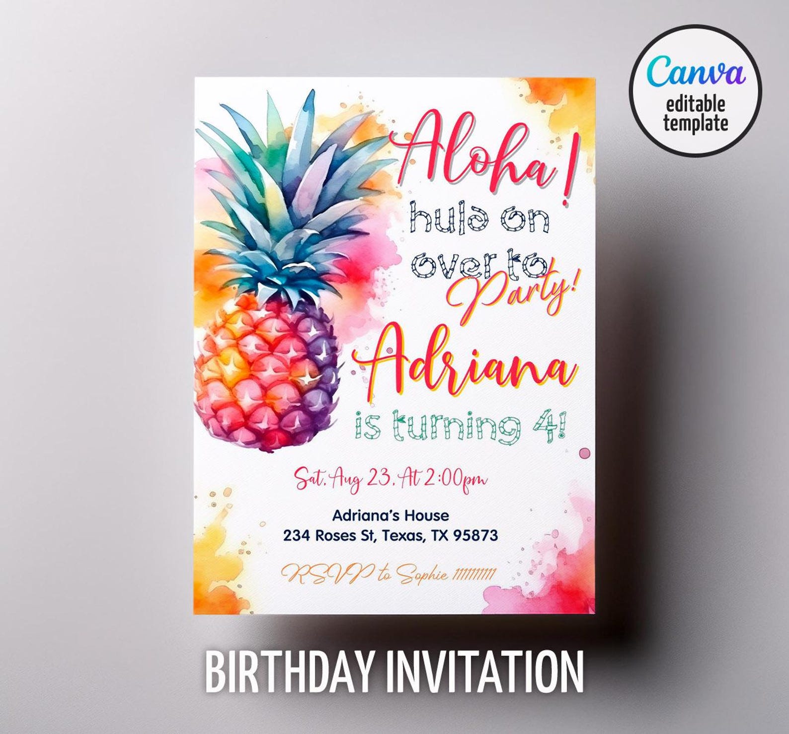Aloha Party Invitation, Luau Birthday, Printable Editable Girl Invite ...
