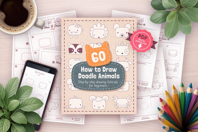 Doodle Animals Drawing Guide: 60 Step-by-step Tutorials (PDF Worksheets ...