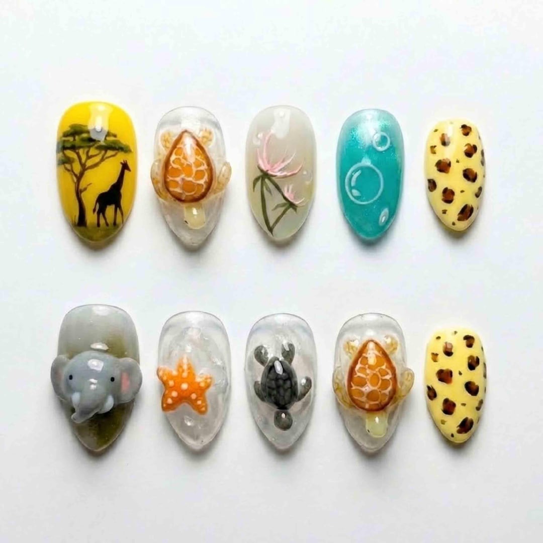 Safari Animals & Ocean Turtle Yellow Press on Nails, Cute 3D Elephant ...