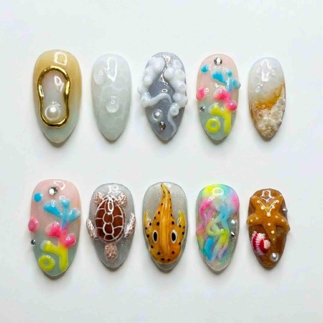 Sea Turtle Stingray Starfish Ocean Press on Nails, Cute Handcrafted 3D ...