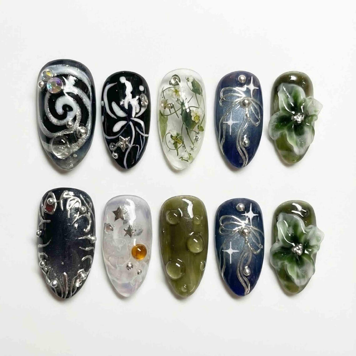 Handmade Fairy Grunge Press on Nails | 3D Flowers, Silver Bow, Dew ...