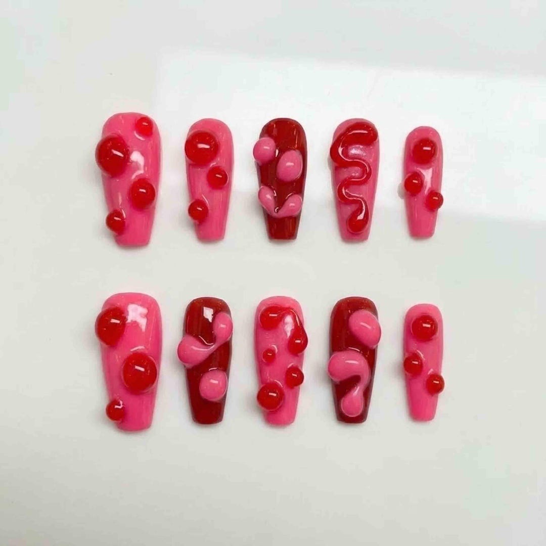 Handmade 3D Blob Art Press on Nails | Glossy Red & Pink Abstract Jelly ...