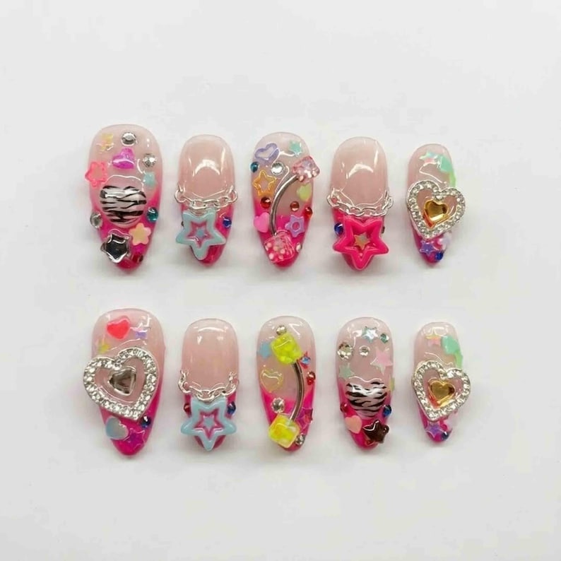 Handmade Y2K Gyaru Press on Nails | 3D Heart Star Charms, Silver Chain ...
