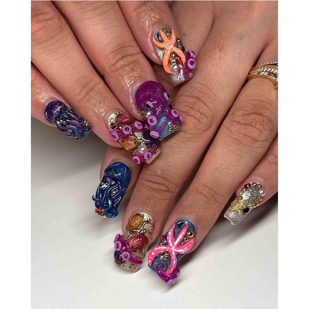 Ocean Fantasy Press on Nails, 3D Octopus & Starfish Nail Art, Colorful ...