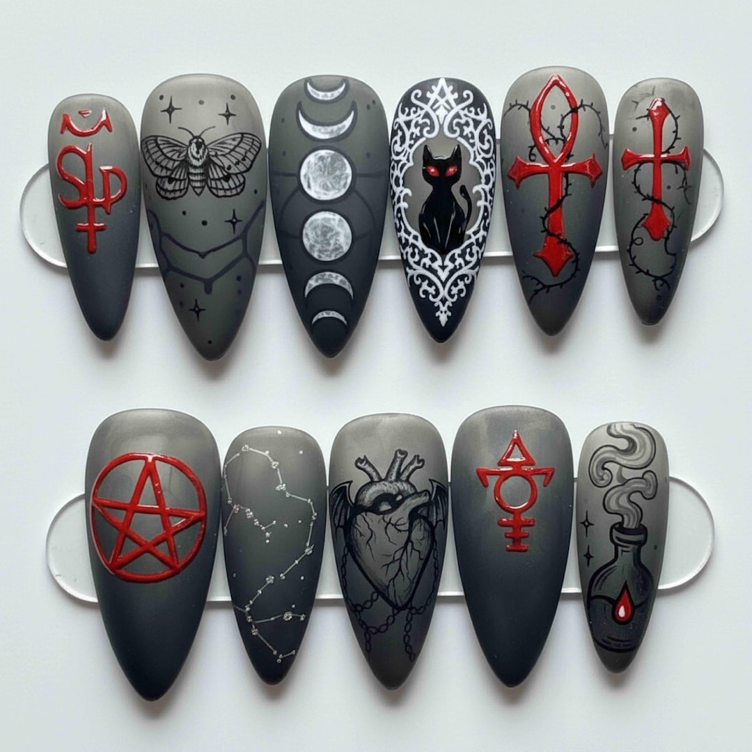 Handmade Gothic Halloween Press on Nails: Black Cat, Pentagram, Matte ...