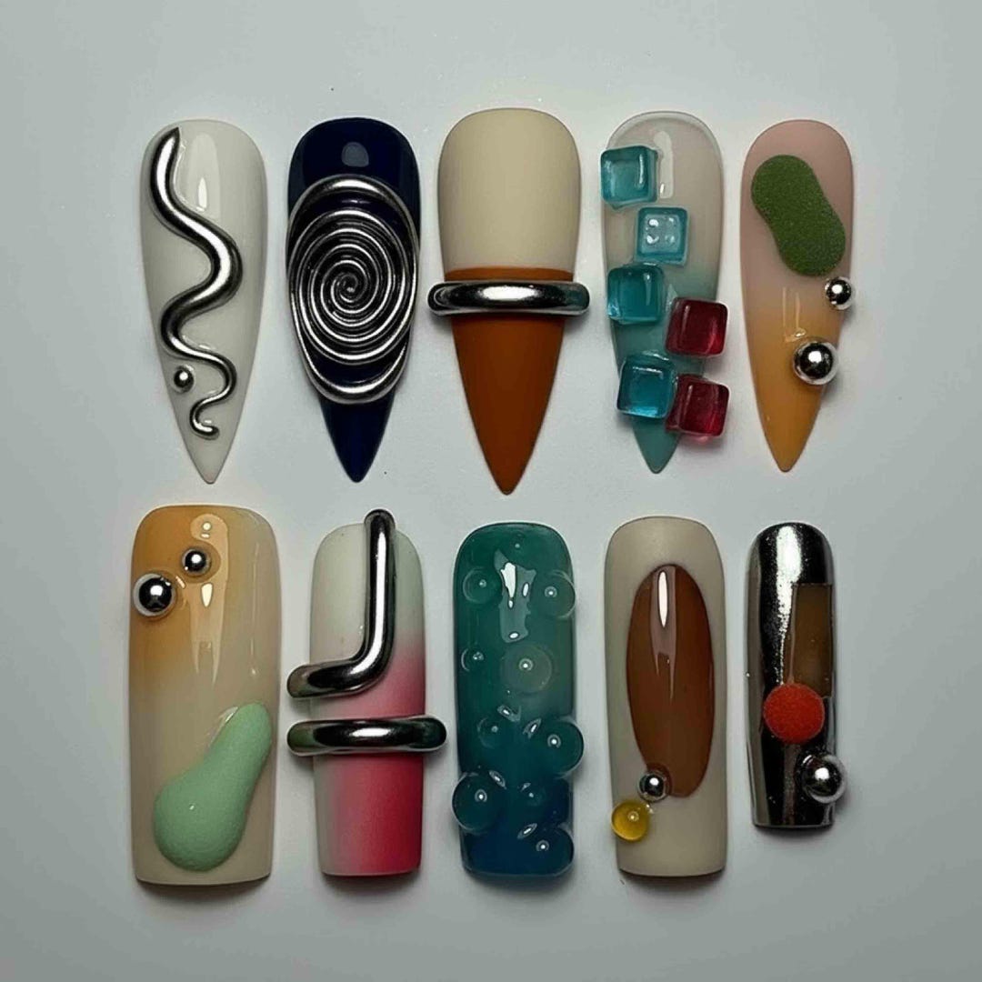 Handmade Modern Abstract Press on Nails | Metal Rings, Chrome Bars, 3D ...