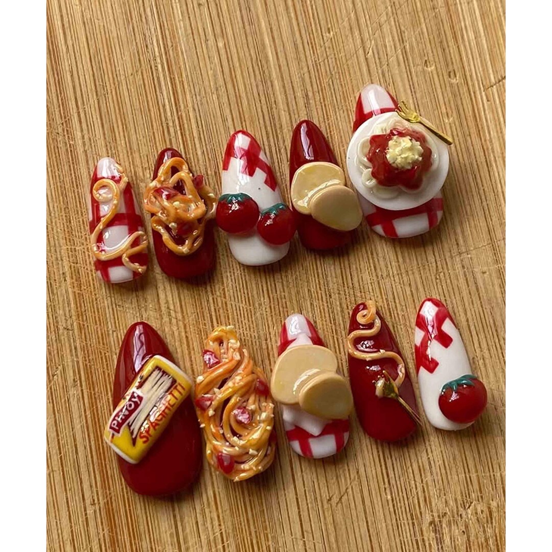 Handmade Spaghetti Food Art Press on Nails | 3D Pasta & Tomato Design ...