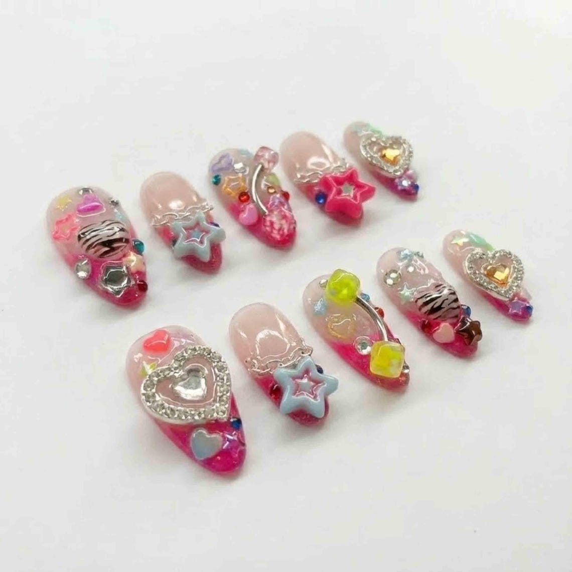 Handmade Y2K Gyaru Press on Nails | 3D Heart Star Charms, Silver Chain ...