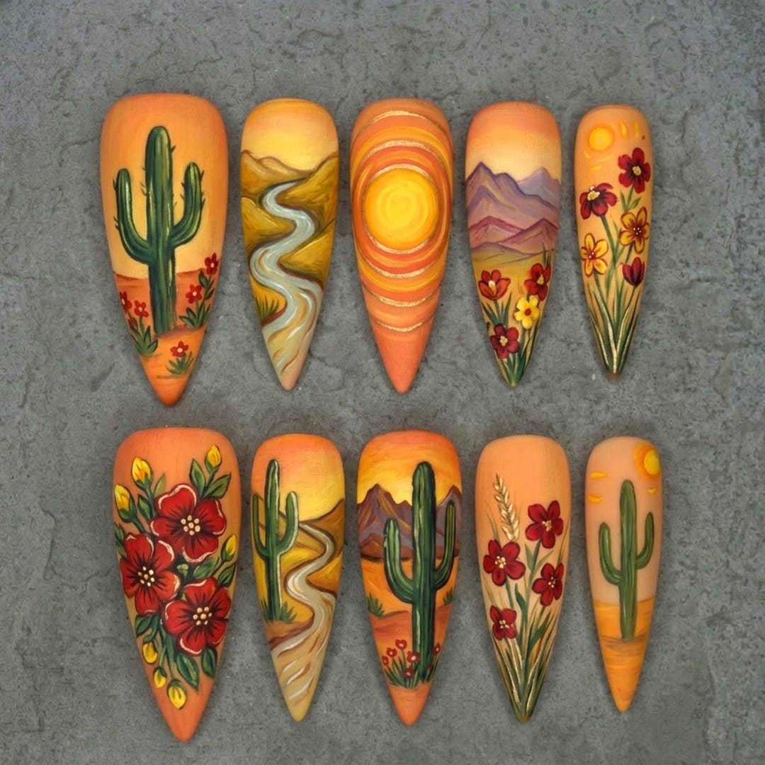 Desert Sunset Press on Nails | Boho Aesthetic Stiletto Nails | Cactus ...